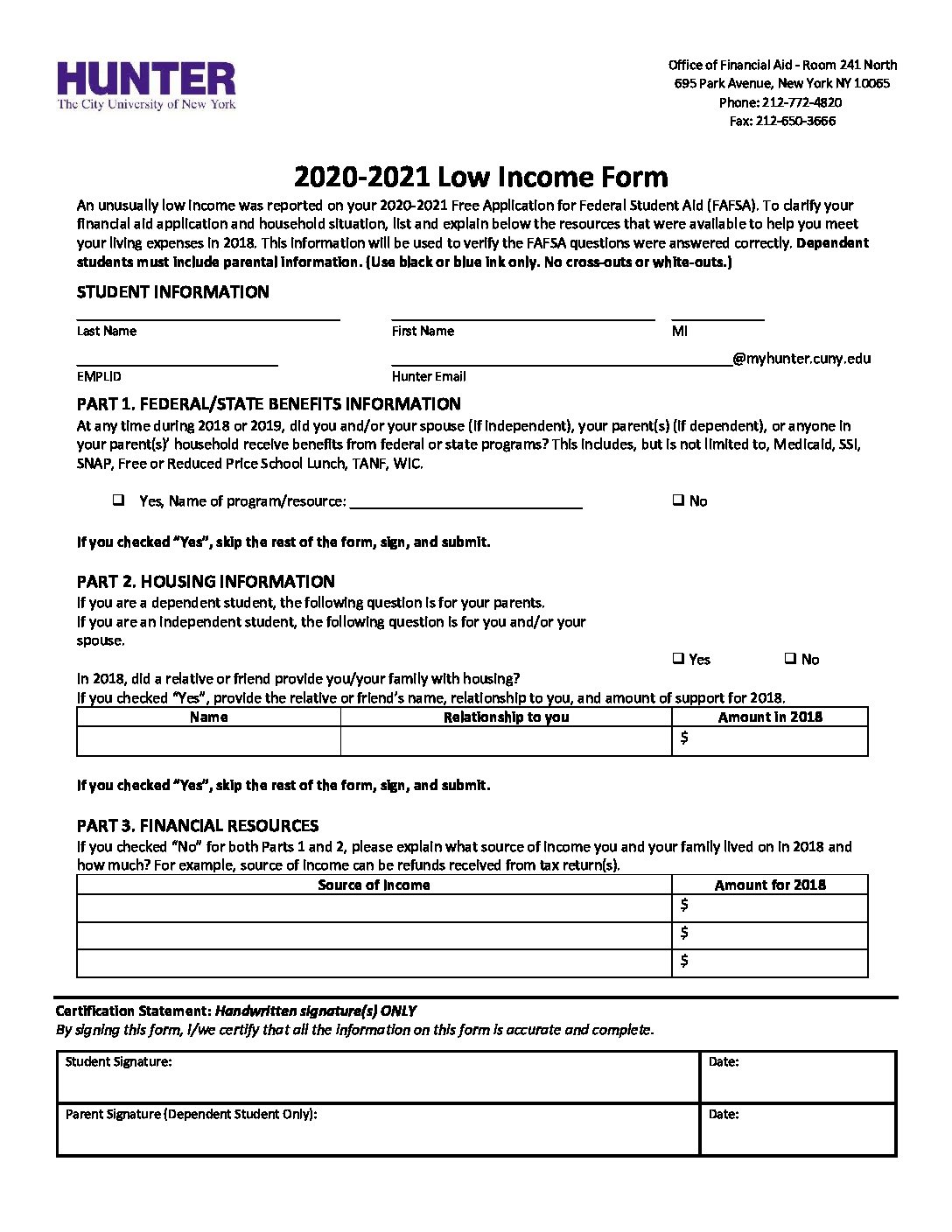 2020-2021 Low Income Form | Hunter College