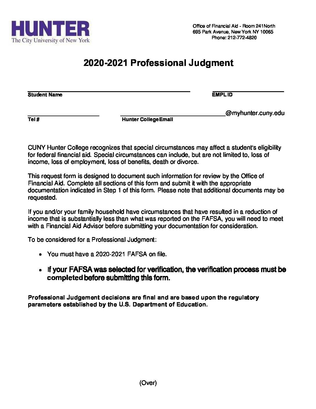 2020-2021 Professional Judgment Form | Hunter College