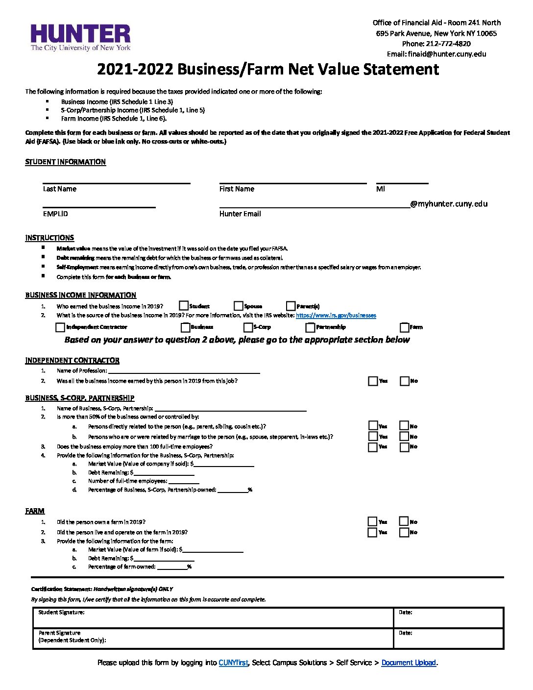 2021 2022 Business Farm Net Value Statement Fillable Hunter College