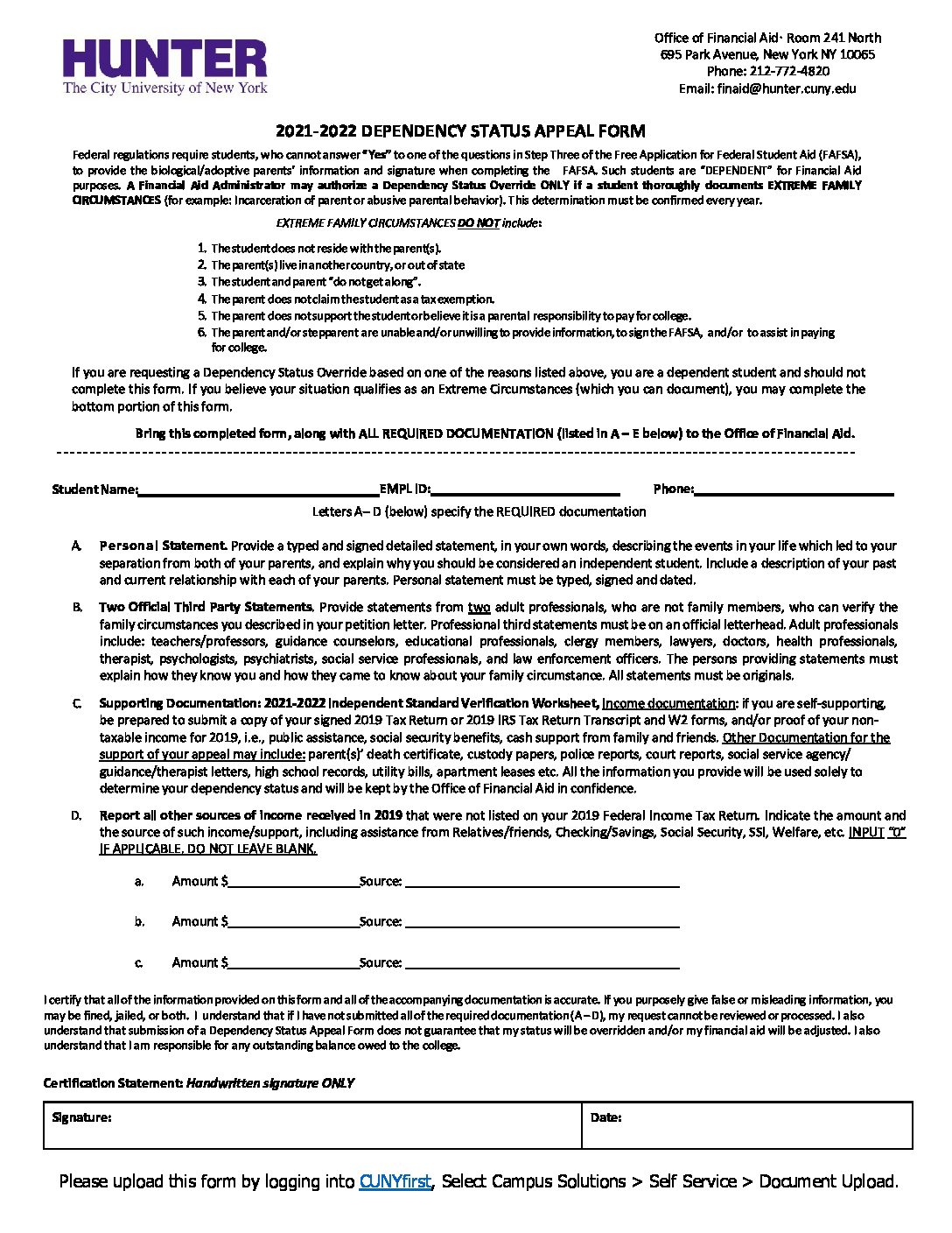 2021-2022 Dependency Status Appeal Form | Hunter College