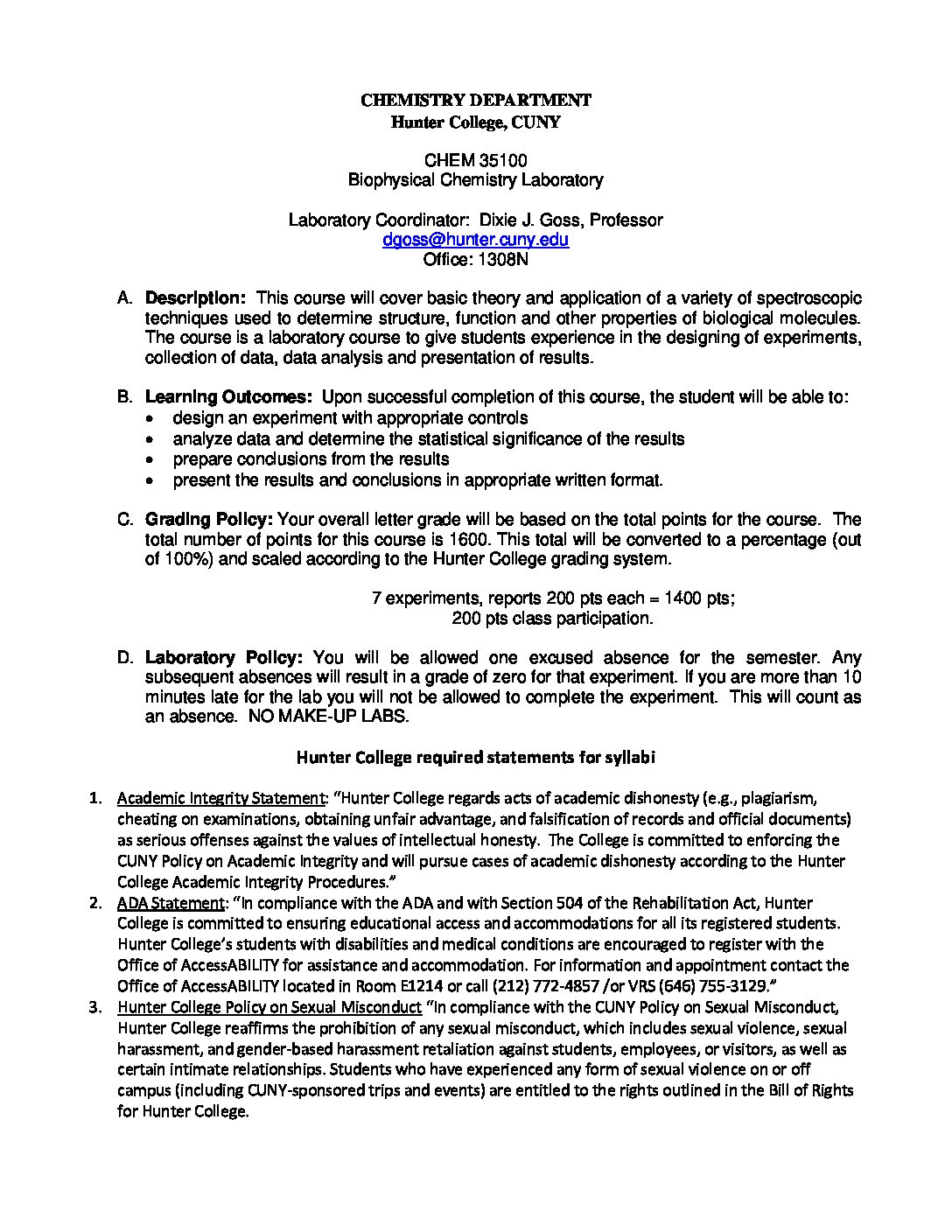 CHEM 35100 - Biophysical Chemistry Lab | Hunter College