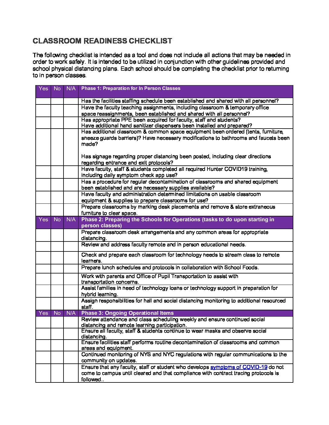 Classroom Readiness Checklist Hunter College