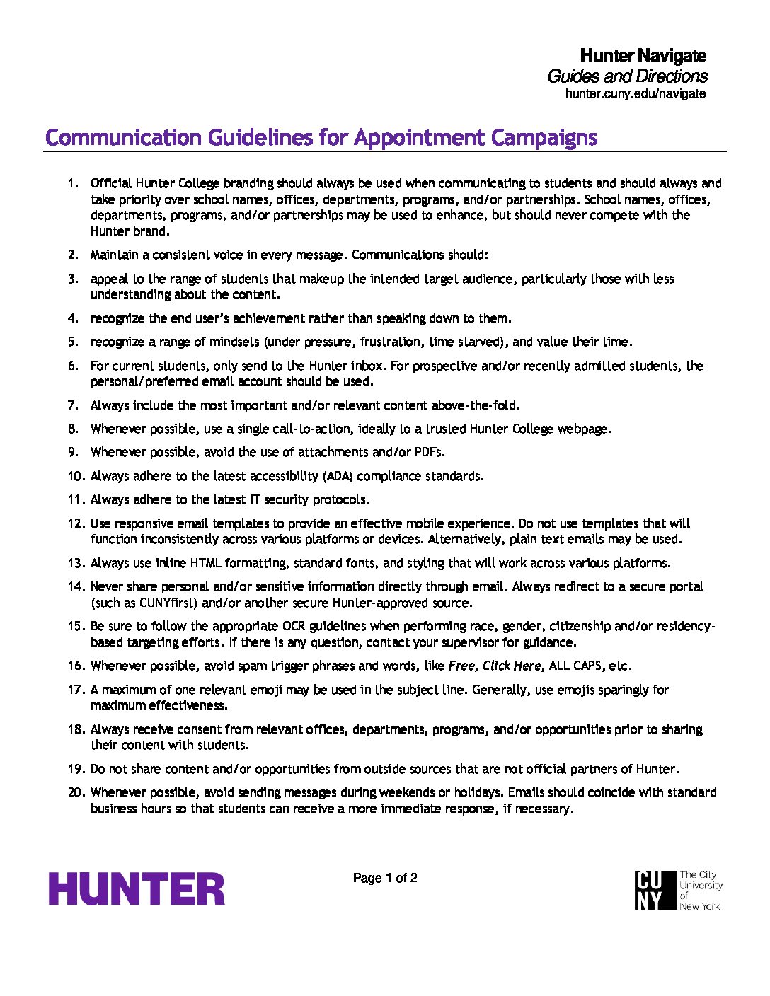 Guidelines for Appointment Campaigns | Hunter College