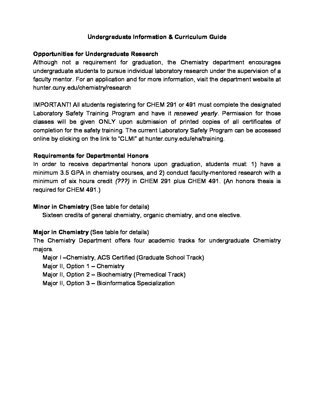 Hunter Chem Major Requirements Hunter College